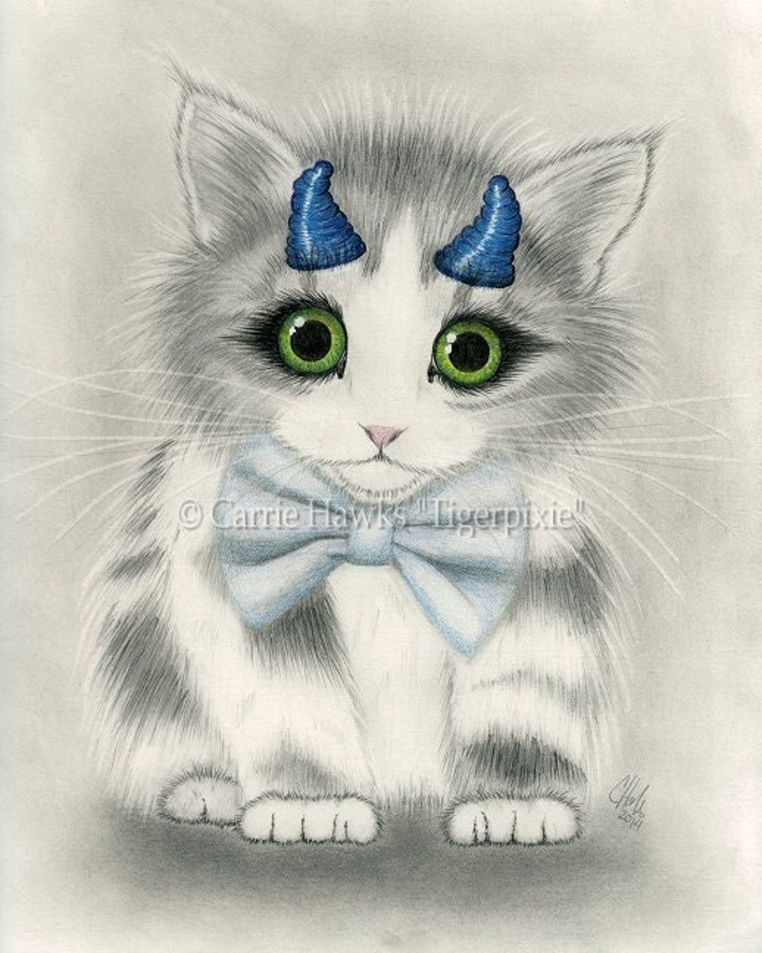 Cute Devil Kitten Cat Drawing Little Blue Horns Bow Tie Cat Big Eye Cat ...