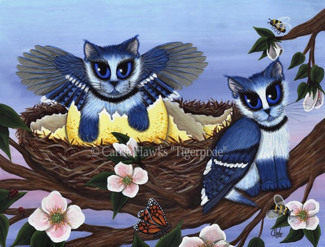 Cat Art Birds Cat Painting Blue Jay Kitten Bluejay Cats Winged Fantasy ...