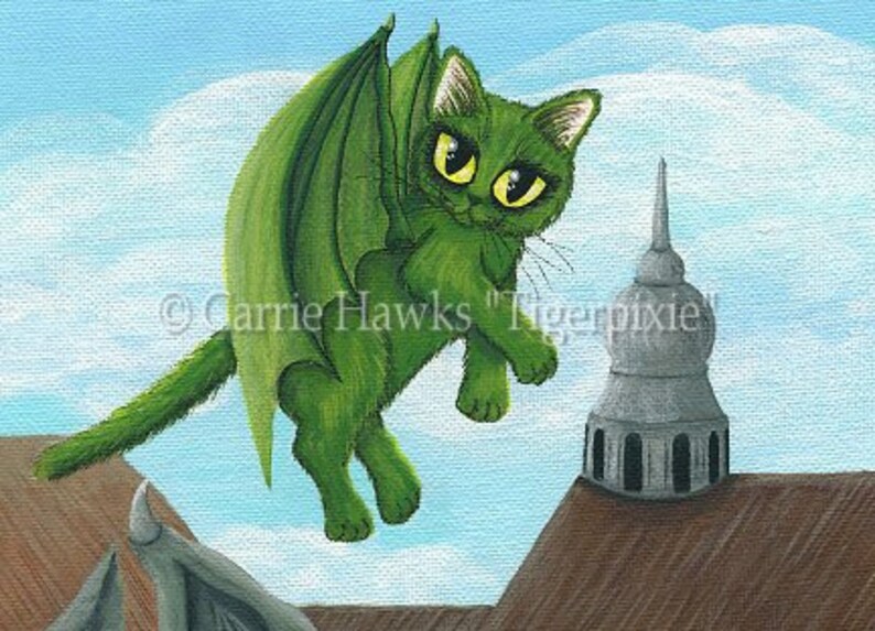 Gargoyle Art Whimsical Cat Painting Flying Kitten Art Guardian - Etsy