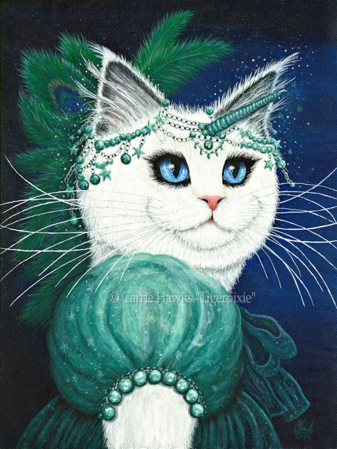White Cat Princess Original Art Isadora Cat Peacock Feathers Celestial ...