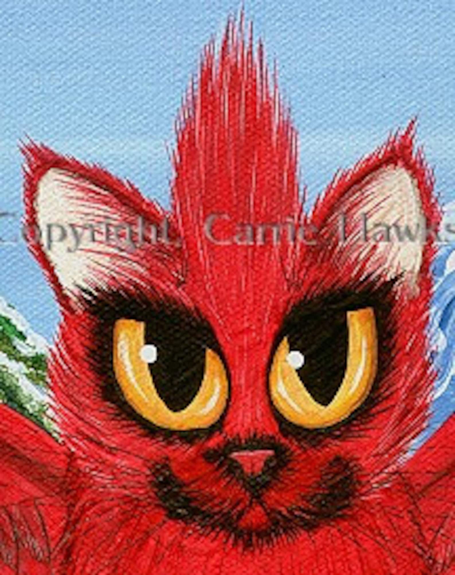 Cardinal Cats Art Cat Painting Red Bird Snow Cats Winged Cat - Etsy ...