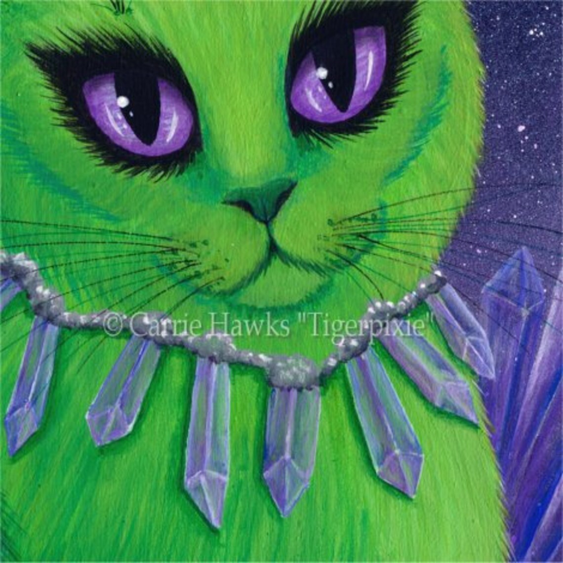 Alien Cats Art Cat Painting Space Cats Green Alien Cat Purple - Etsy