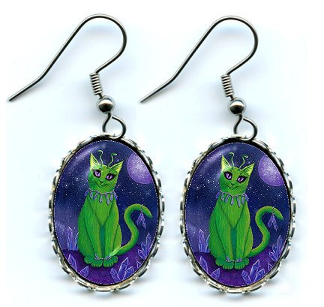 Alien Cat Earrings Space Cat Cute Green Alien Cat Big Eye Cat Art Cameo ...