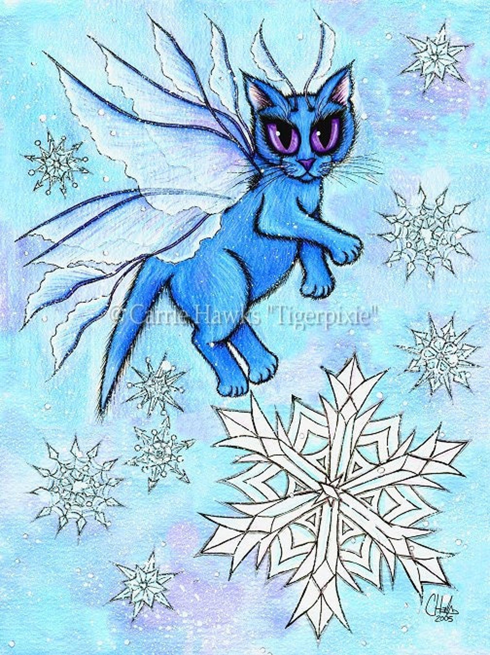 Snow Cat Art Blue Cat Fairy Winter Snowflakes Cat Fantasy Cat Art Print ...