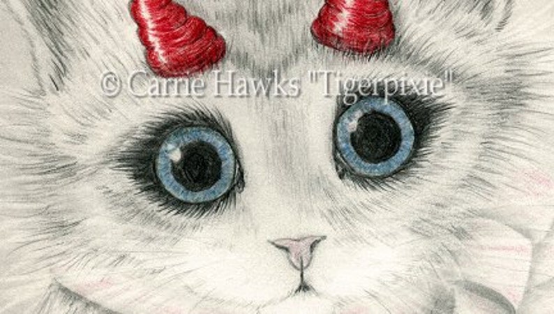 Cute Devil Kitten Cat Drawing Little Red Horns Big Eye Cat Art Kawaii ...
