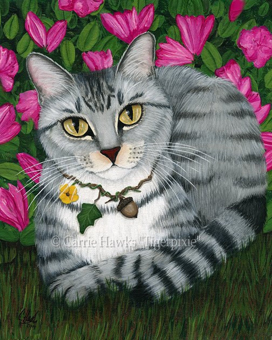 Cat Portrait Tabby Cat Art Silver Tabby Cat Painting Garden Azalea ...