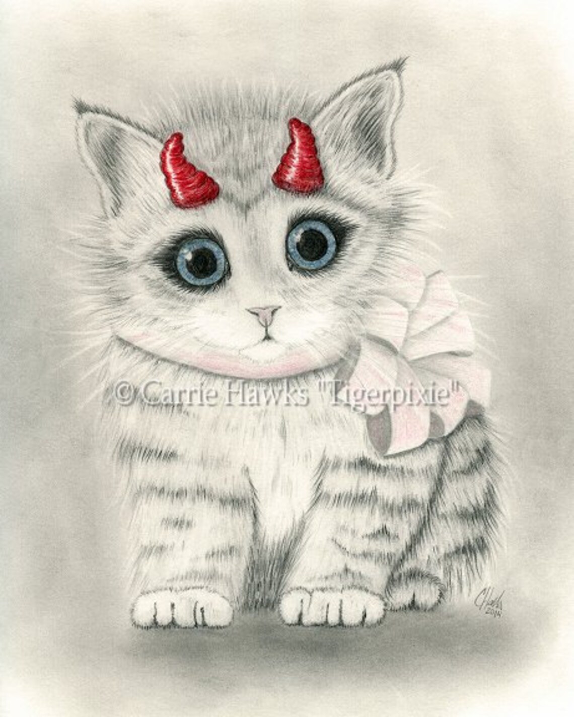 Cute Devil Kitten Cat Drawing Little Red Horns Big Eye Cat Art | Etsy