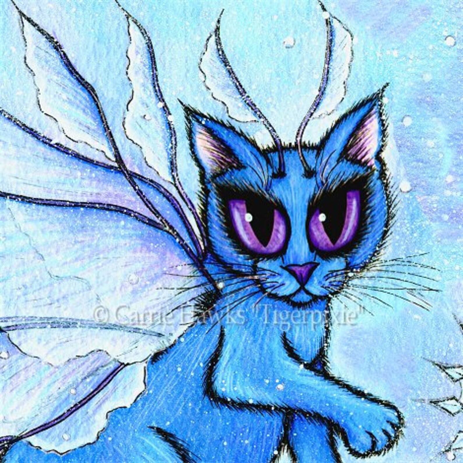 Snow Cat Art Blue Cat Fairy Winter Snowflakes Cat Fantasy Cat Art Print ...