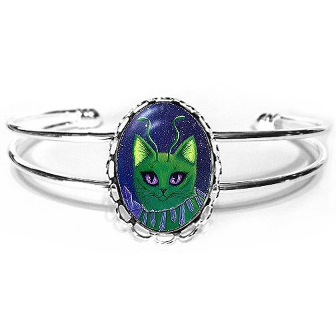 Green Alien Cat Bracelet Space Cat Painting Purple Crystals Silver ...