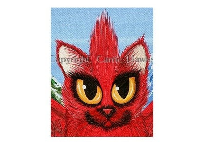 Cardinal Cats Original Cat Painting Art Bird Winter Snow Fantasy Cat ...