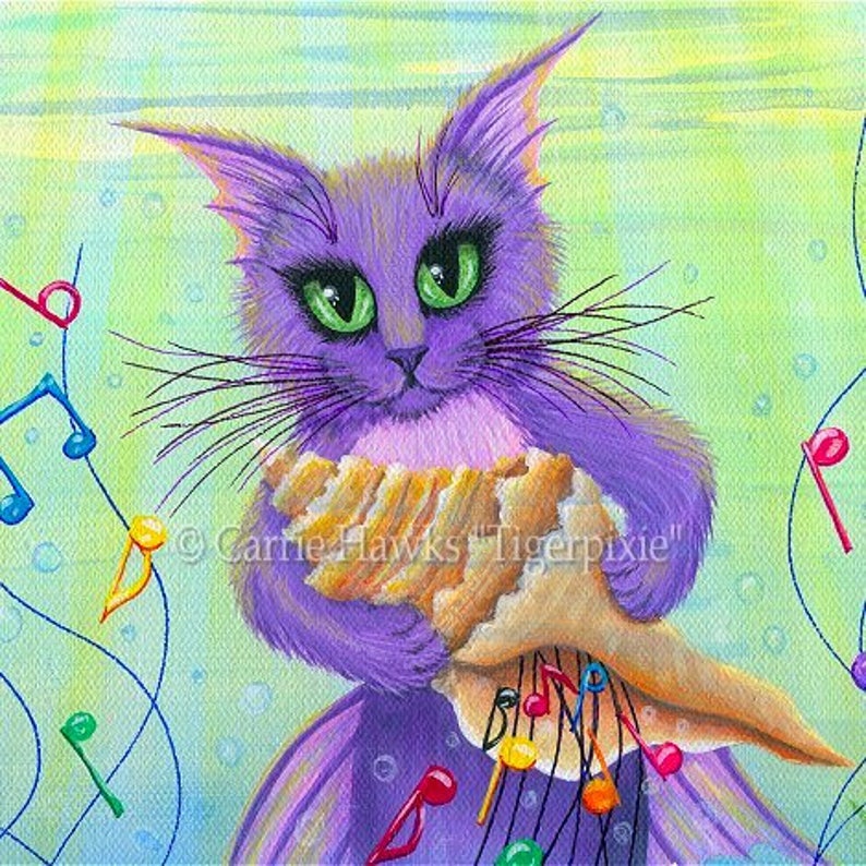 Cat Mermaid Art Sea Music Painting Purple Mercat Musical Notes - Etsy