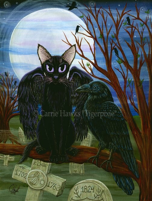 Black Cat Art Raven Cat Painting Goth Art Moon Crow Cemetery Gothic Cat ...