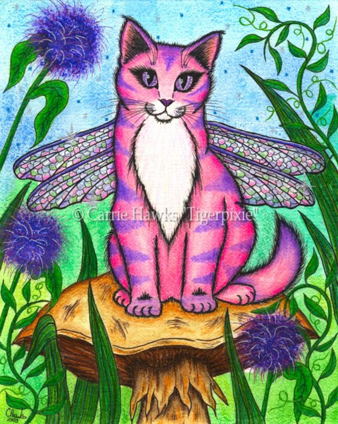 Whimsical Cat Painting Dragonfly Fairy Cat Pink Fairy Cat Winged Cat ...
