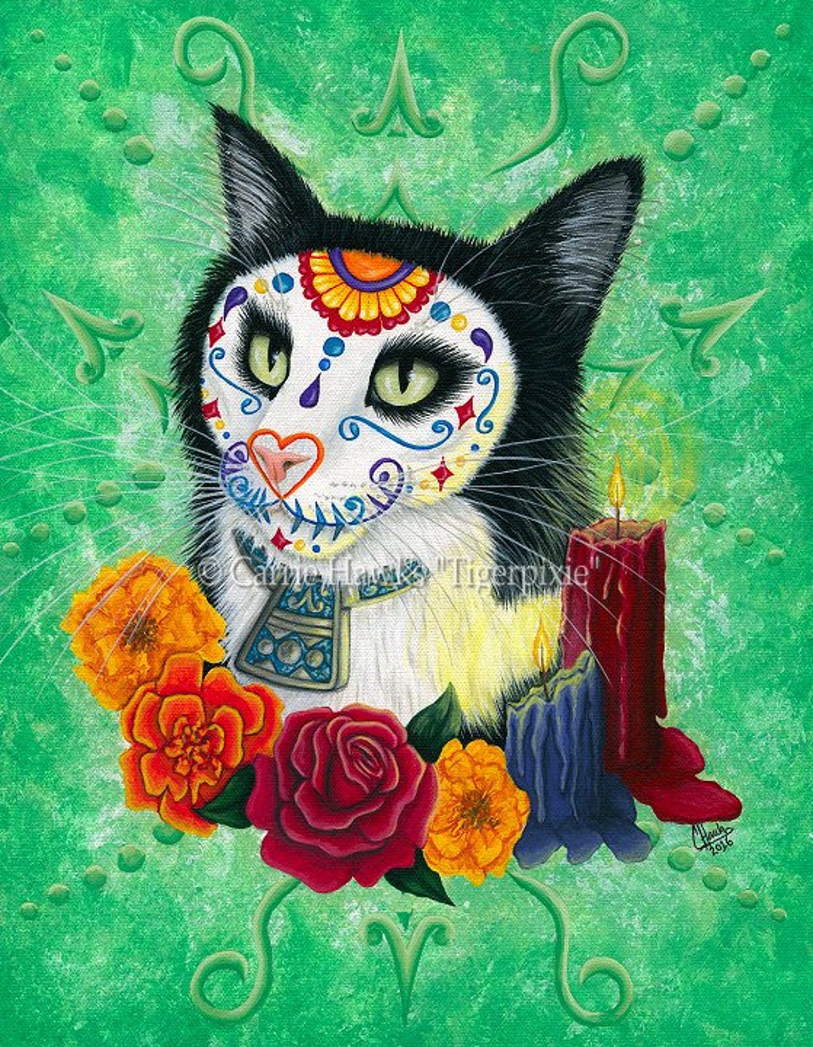 Day of the Dead Cat Art Cat Painting Candles Gothic Mexican | Etsy