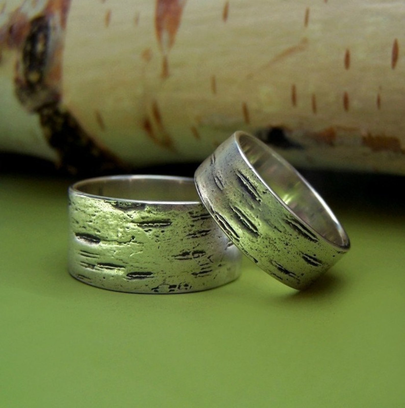 Birch Bark Wedding Rings in Sterling Silver Set of Two - Etsy