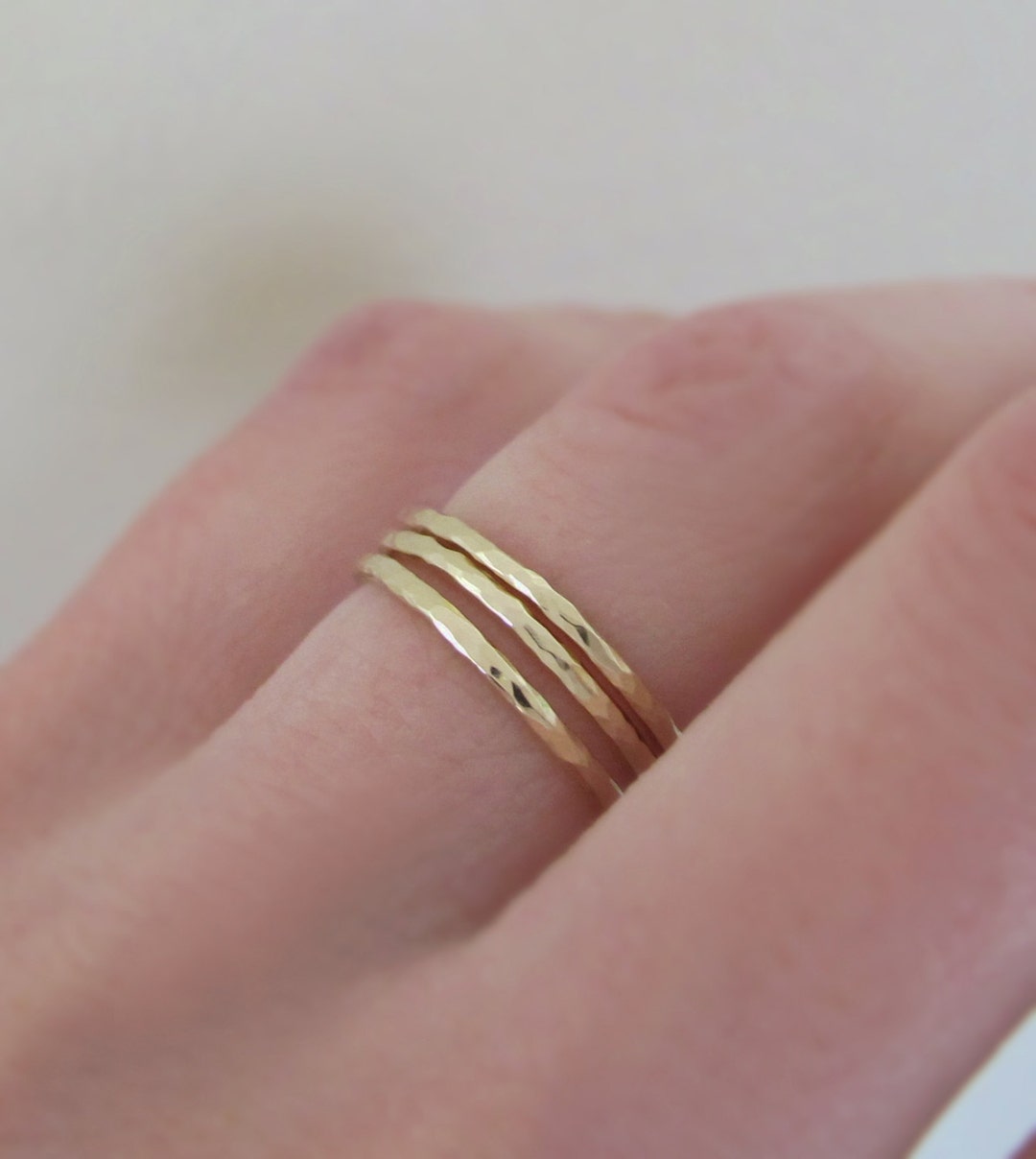 14k Yellow Gold Stacking Ring Set of Three, 1.3 Mm, Round Hand Hammered ...