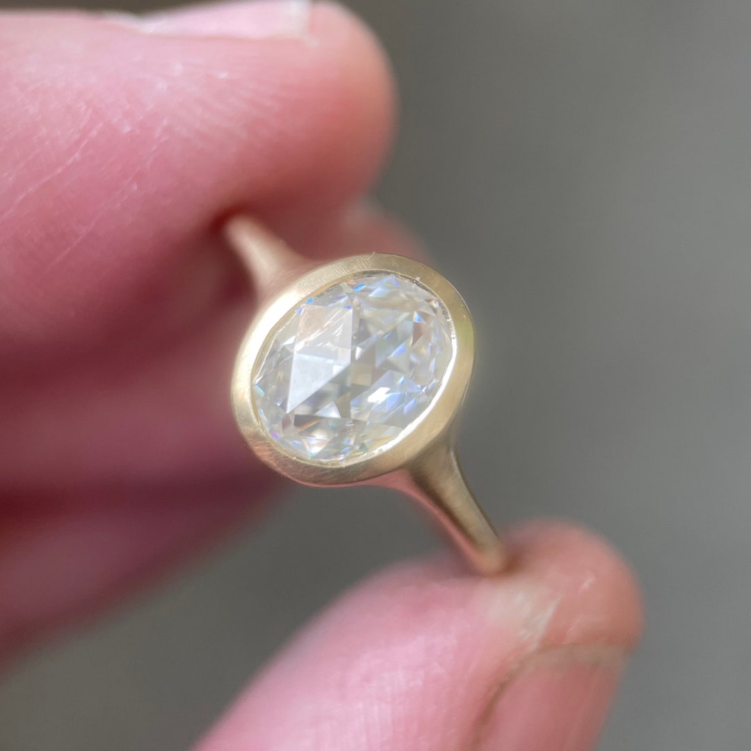 Double Rose Cut or Portrait Cut Oval Moissanite Ring in 14k Gold or ...
