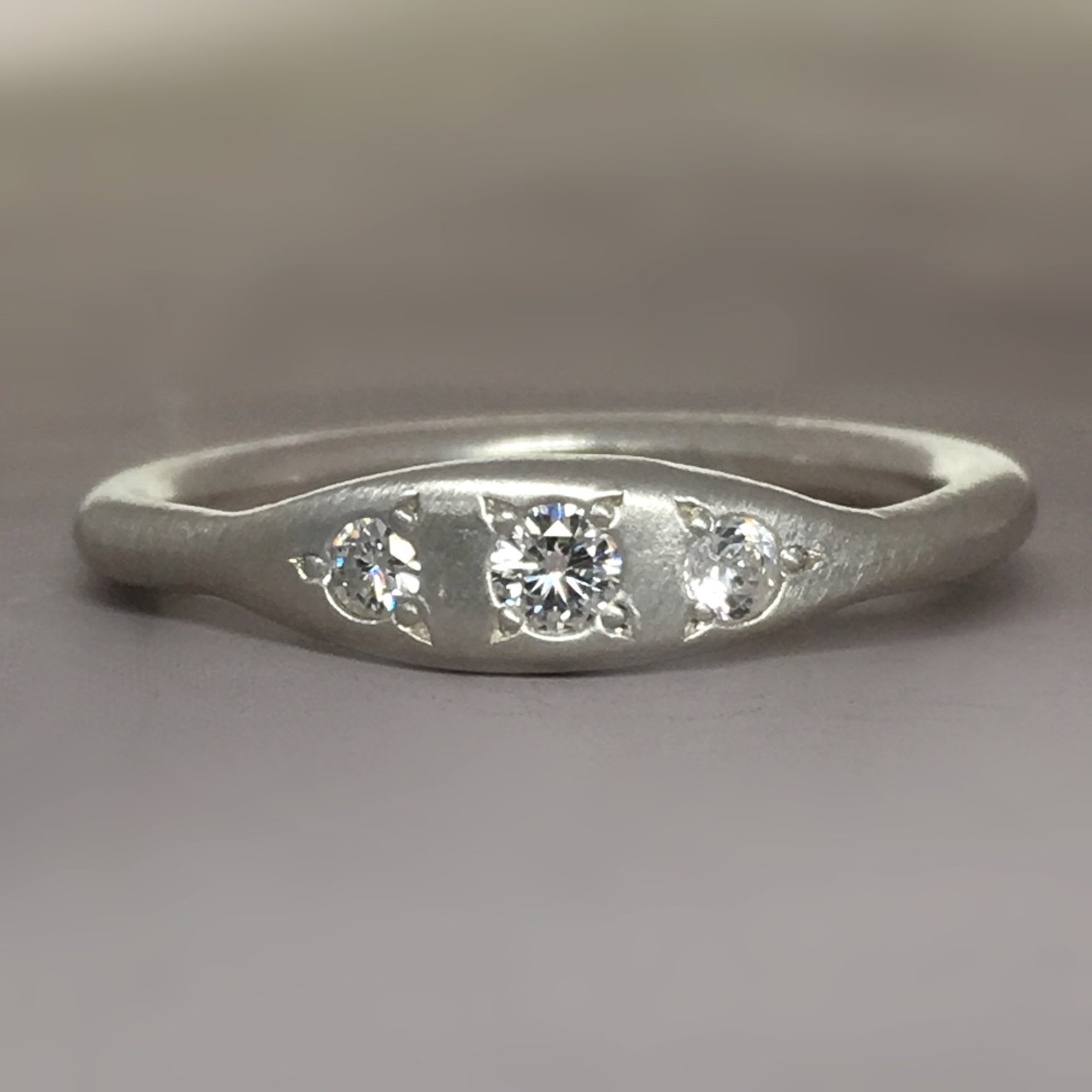 Three Stone Bead Set Ring in Moissanite and Sterling Silver or | Etsy