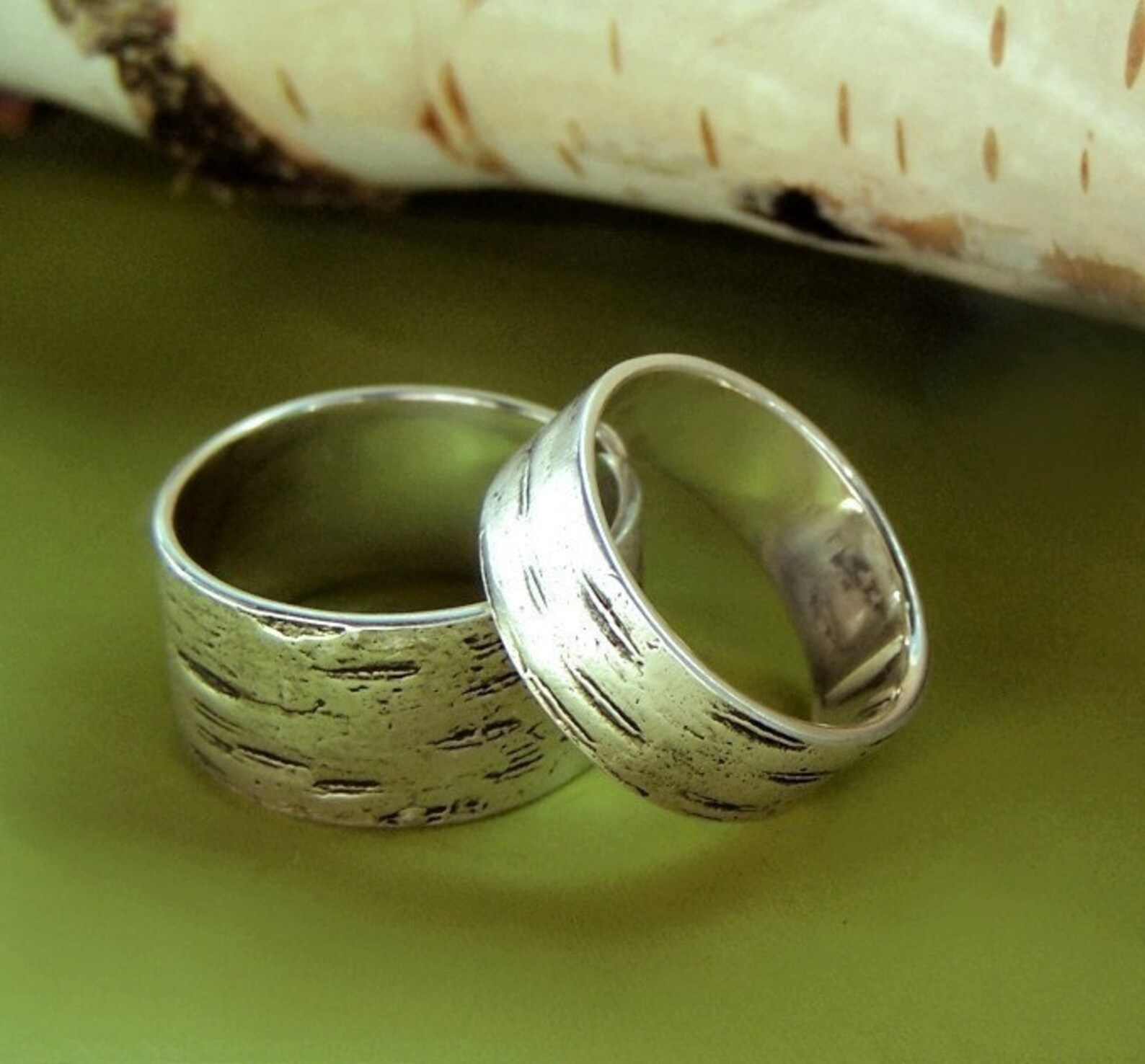 Birch Bark Wedding Rings in Sterling Silver Set of Two - Etsy