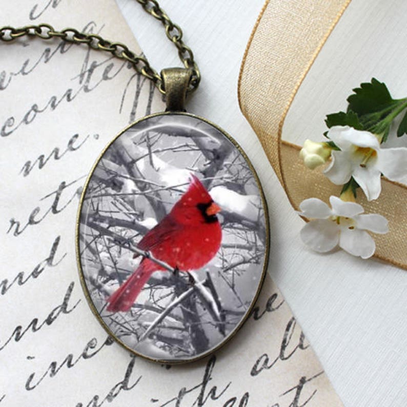 Winter Cardinal Oval Pendant Necklace or Key Chain Bird - Etsy