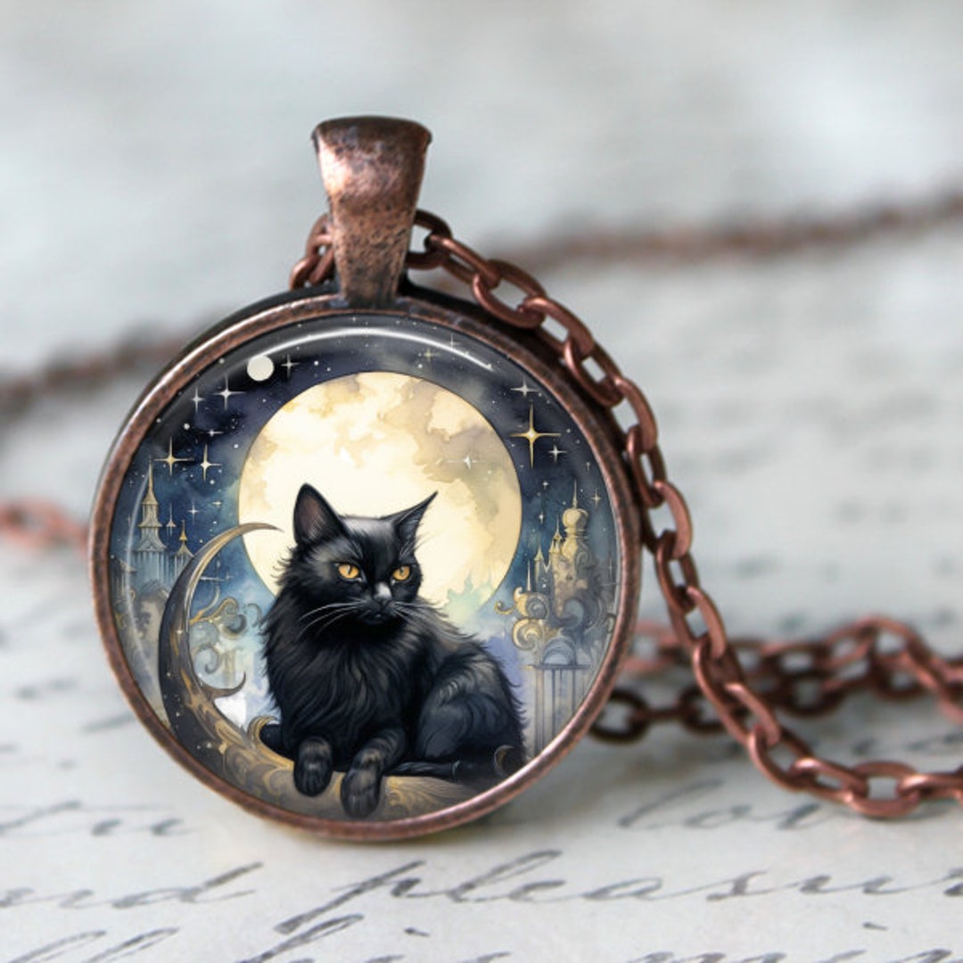 Black Cat Necklace - Full Moon With Cat Necklace or Key Chain - Cat ...