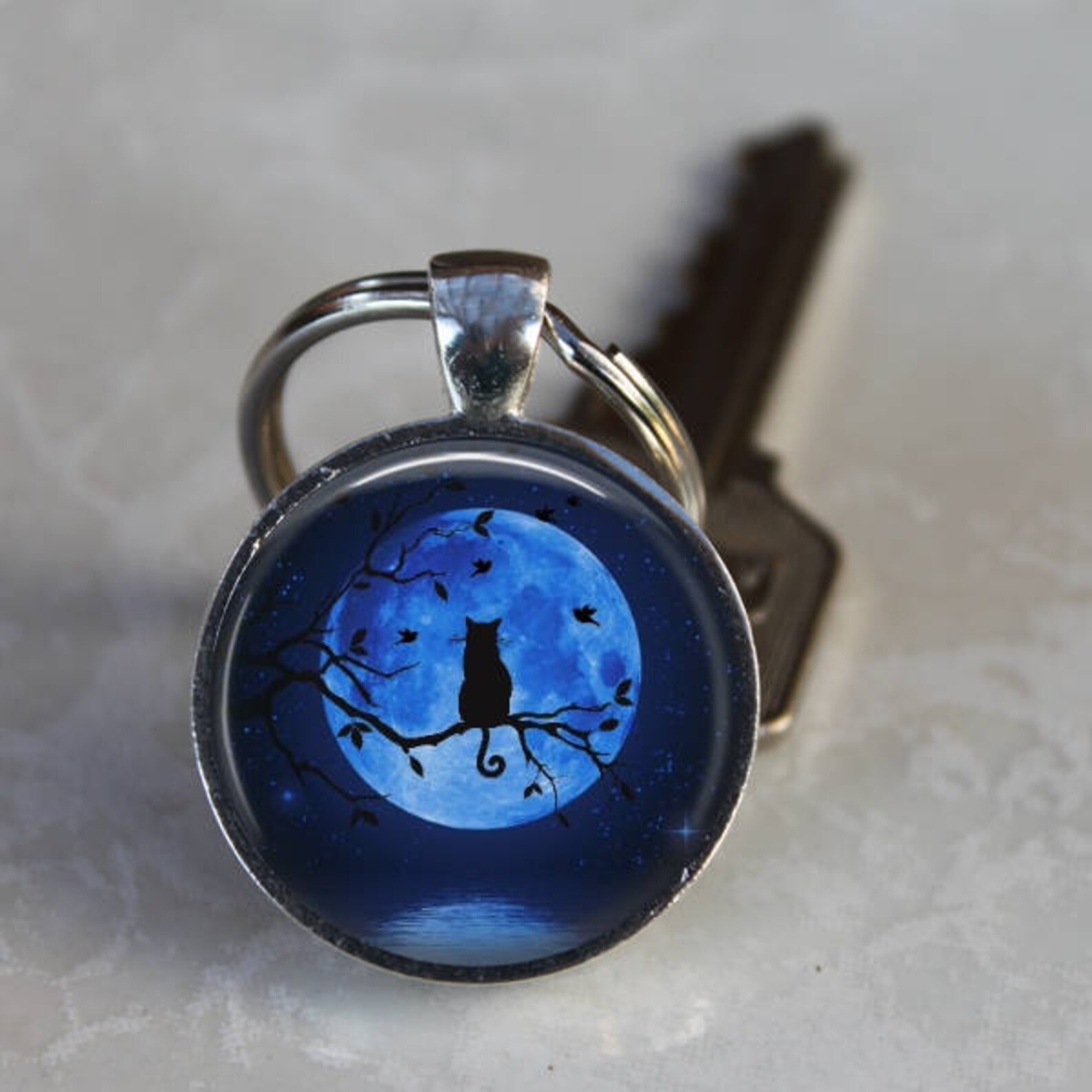 Blue Moon Kitty - Full Moon and Cat on a Branch Pendant, Necklace or ...