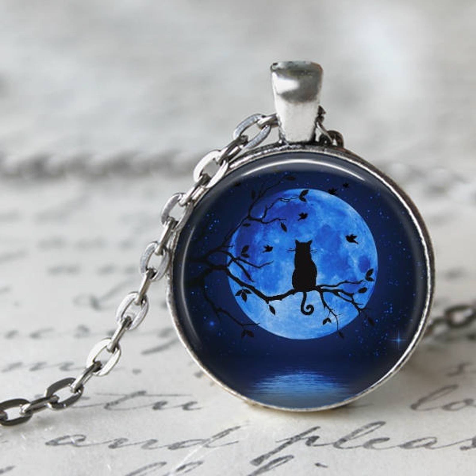 Blue Moon Kitty - Full Moon and Cat on a Branch Pendant, Necklace or ...