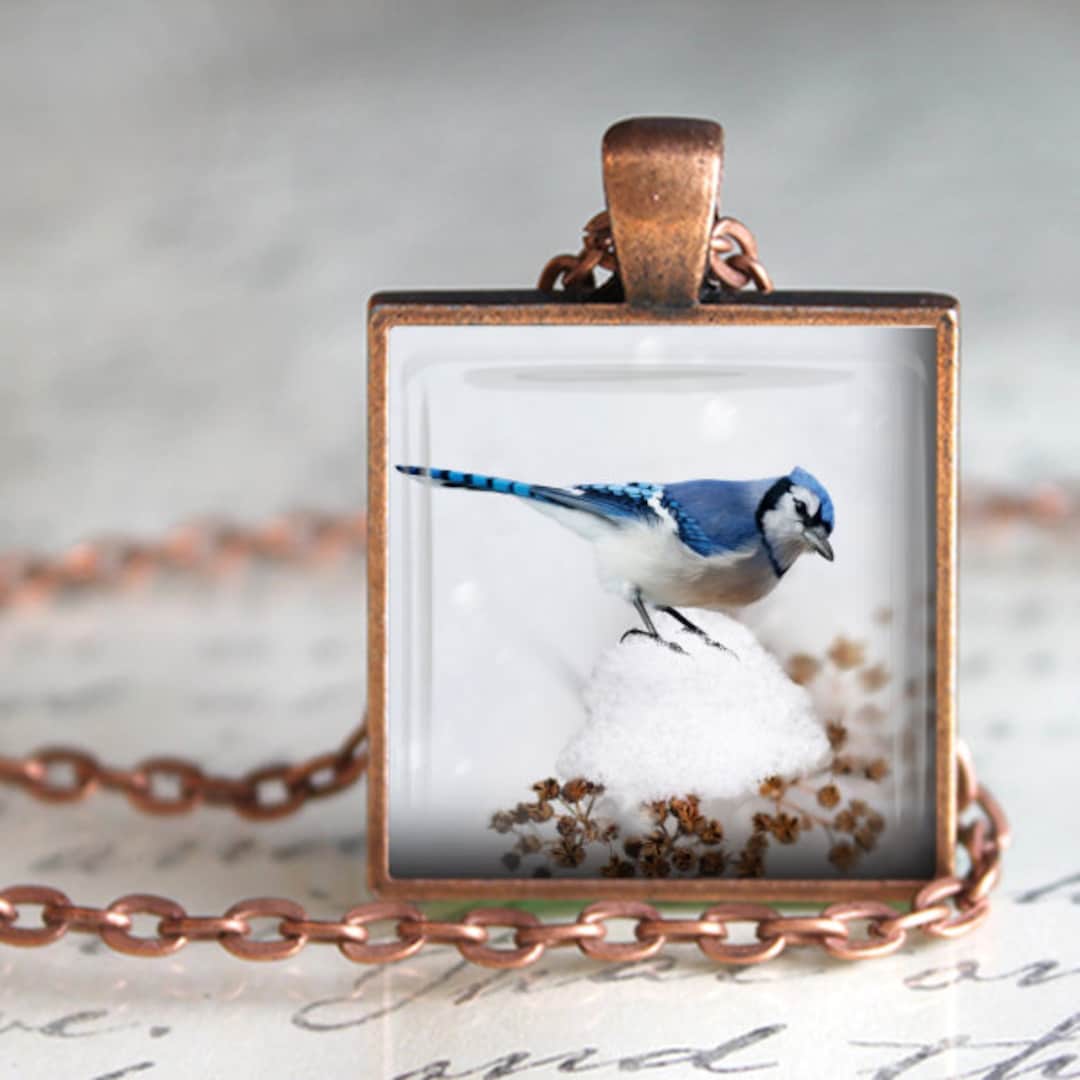 Winter Blue Jay Pendant, Necklace or Key Chain - Winter Necklace, Blue ...