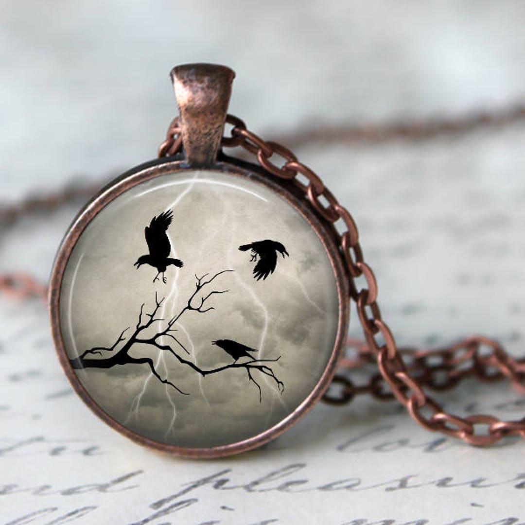 Spooky Crows Pendant Necklace or Key Chain - Choice of 4 Bezel Colors ...