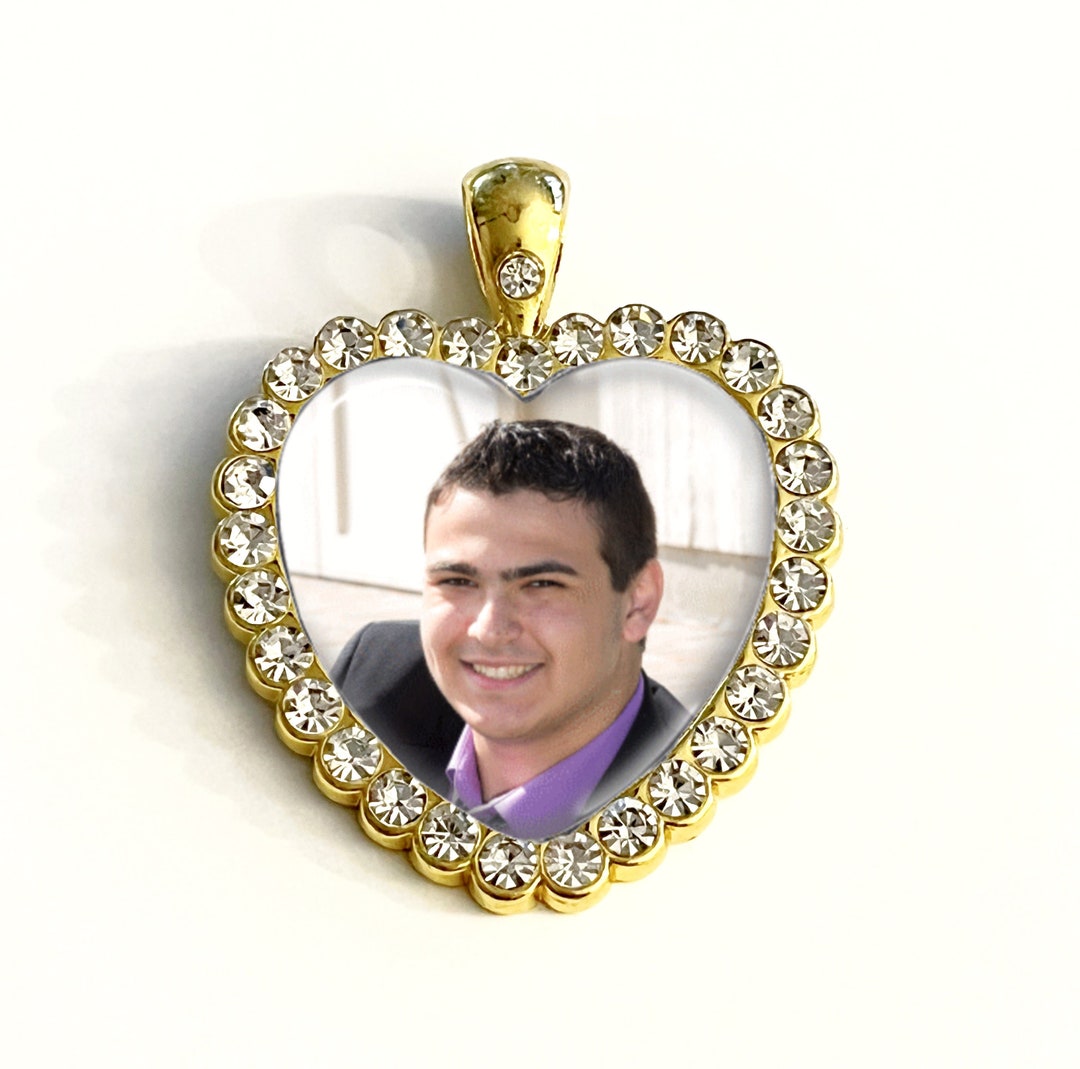 Custom Heart Photo Pendant in Gold Rhinestone Bezel - Rhinestone Heart ...