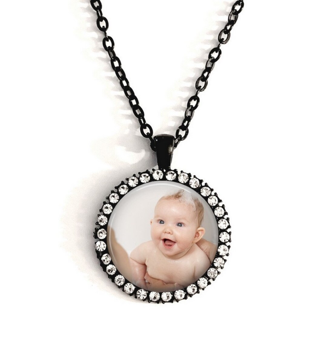 Custom Photo Pendant, Necklace or Key Chain - Black Rhinestone Setting ...