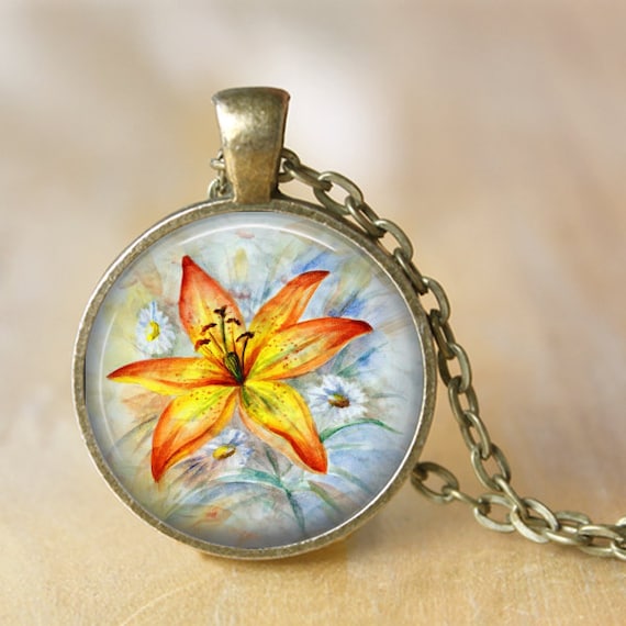 Tiger Lily Pendant Necklace or Key Chain Flowers Painted | Etsy