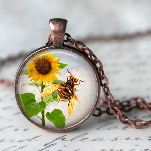 Bee Pendant Necklace or Key Chain Sunflower Pendant | Etsy