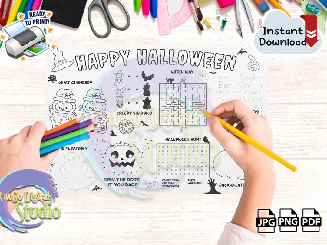Halloween Activity Placemat for Kids | Printable Games | Coloring ...