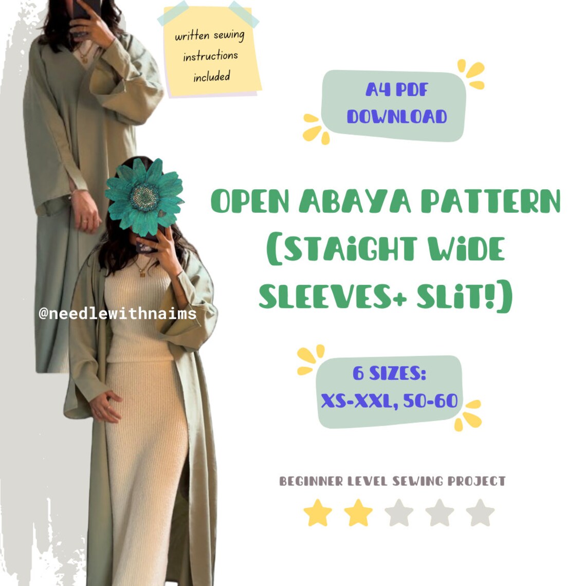 Open Abaya A4 PDF Sewing Pattern | Size XS -XXL | Instructions Included ...