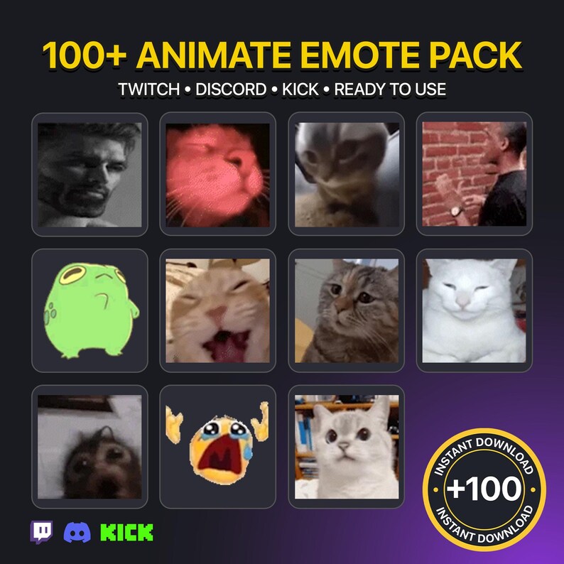 100 Animated Emotes Pack for Twitch, Youtube, Discord & Kick | Funny ...