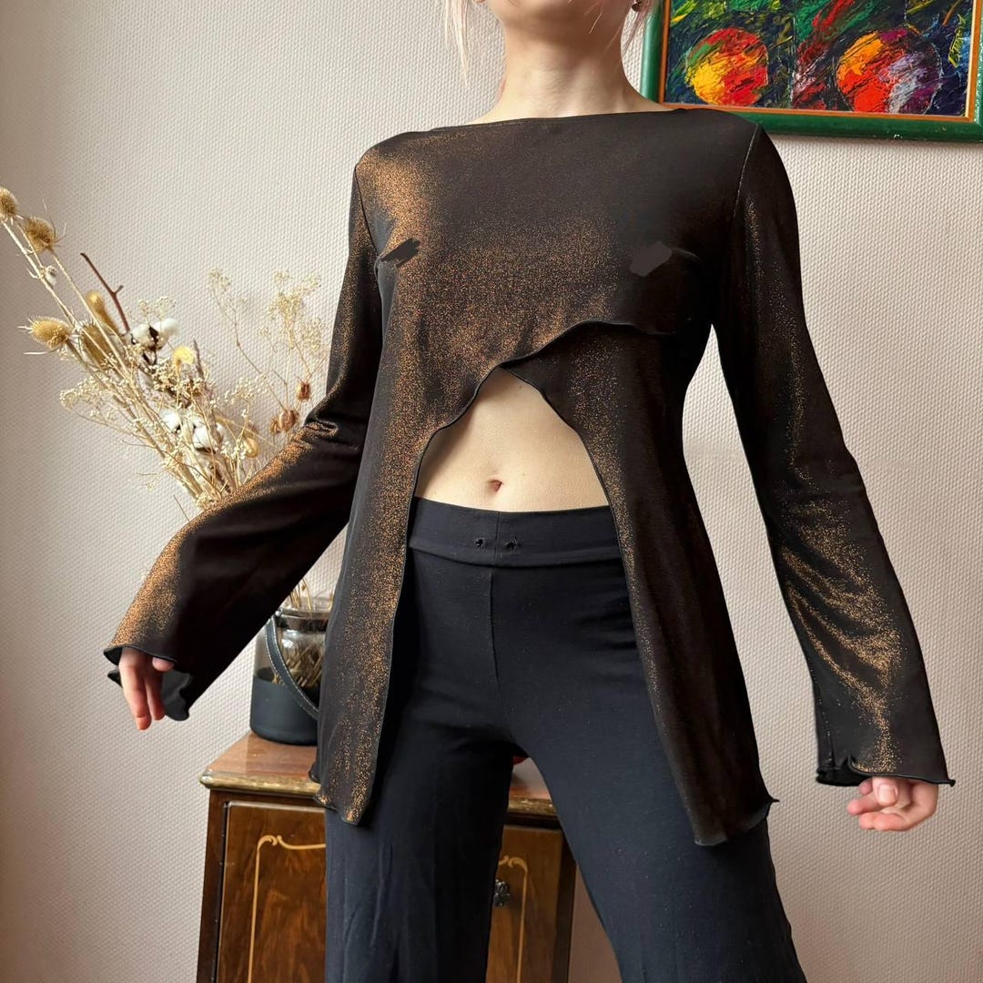 Y2K Disco Metallic Tunic, Asymmetrical Shimmery Going Out Split Front ...