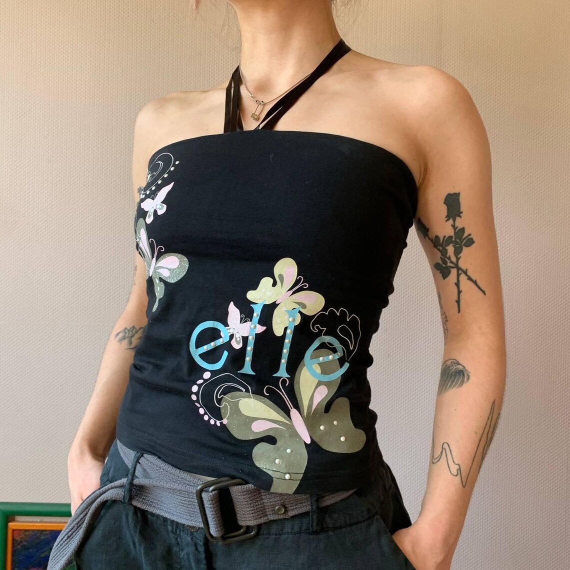 Y2K ELLE Butterfly Tube Top With Halter Ties - Etsy