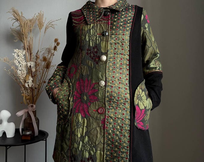 Funky Patchwork Coat Floral Embroidered Boho Quilted Long Vintage ...
