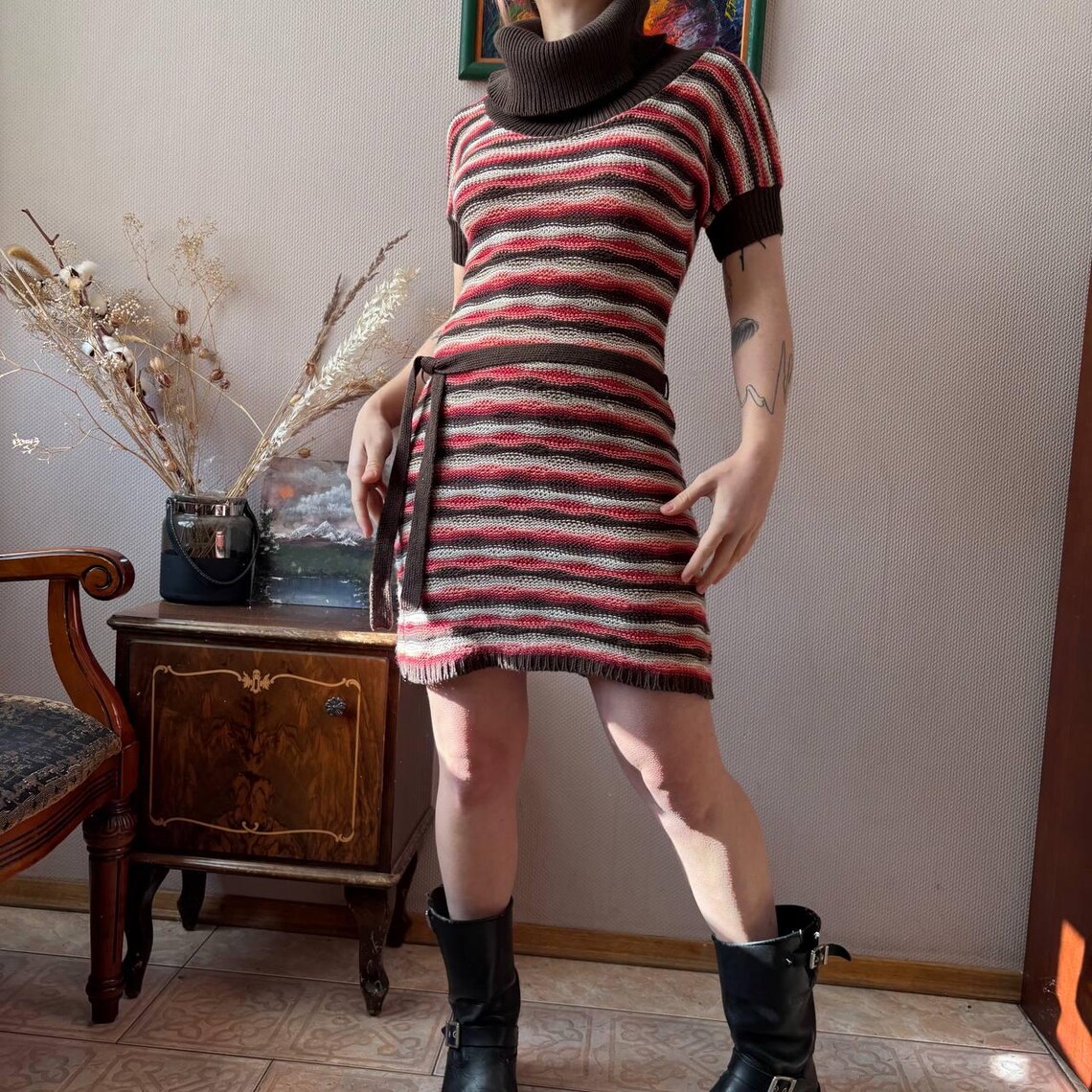 Vintage Striped Knit Sweater Dress, Roll Neck Mini, 00s Y2K (S) - Etsy