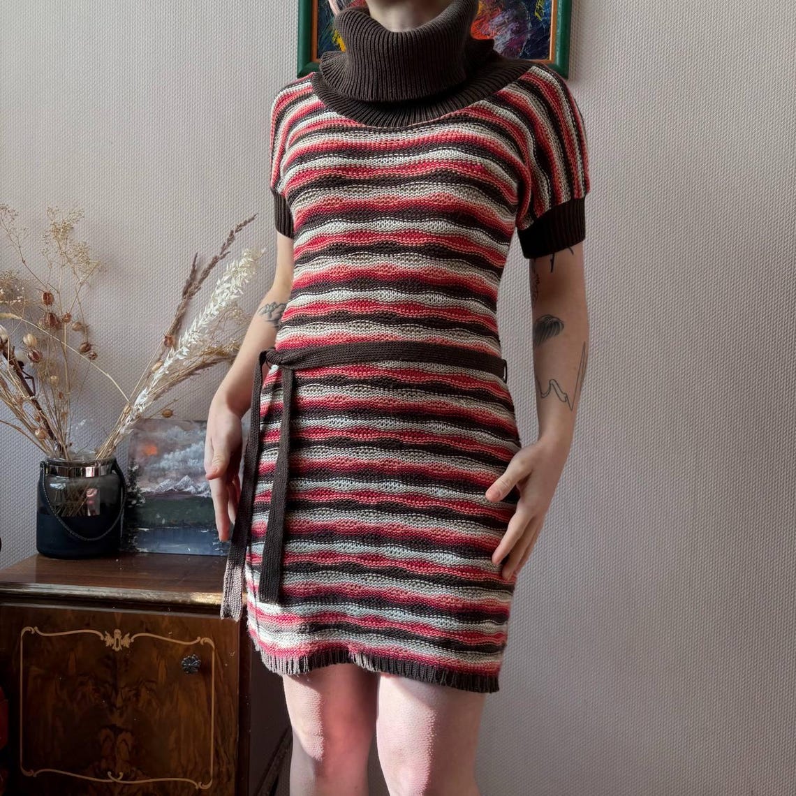 Vintage Striped Knit Sweater Dress, Roll Neck Mini, 00s Y2K (S) - Etsy