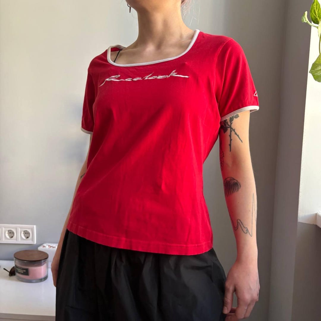 Reebok Y2K Baby Tee Red Ringer T Shirt Vintage Fitted Logo Top Indie ...