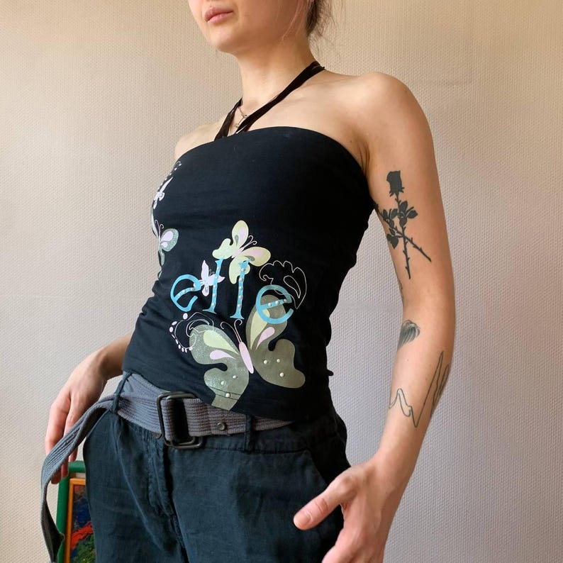 Y2K ELLE Butterfly Tube Top With Halter Ties - Etsy