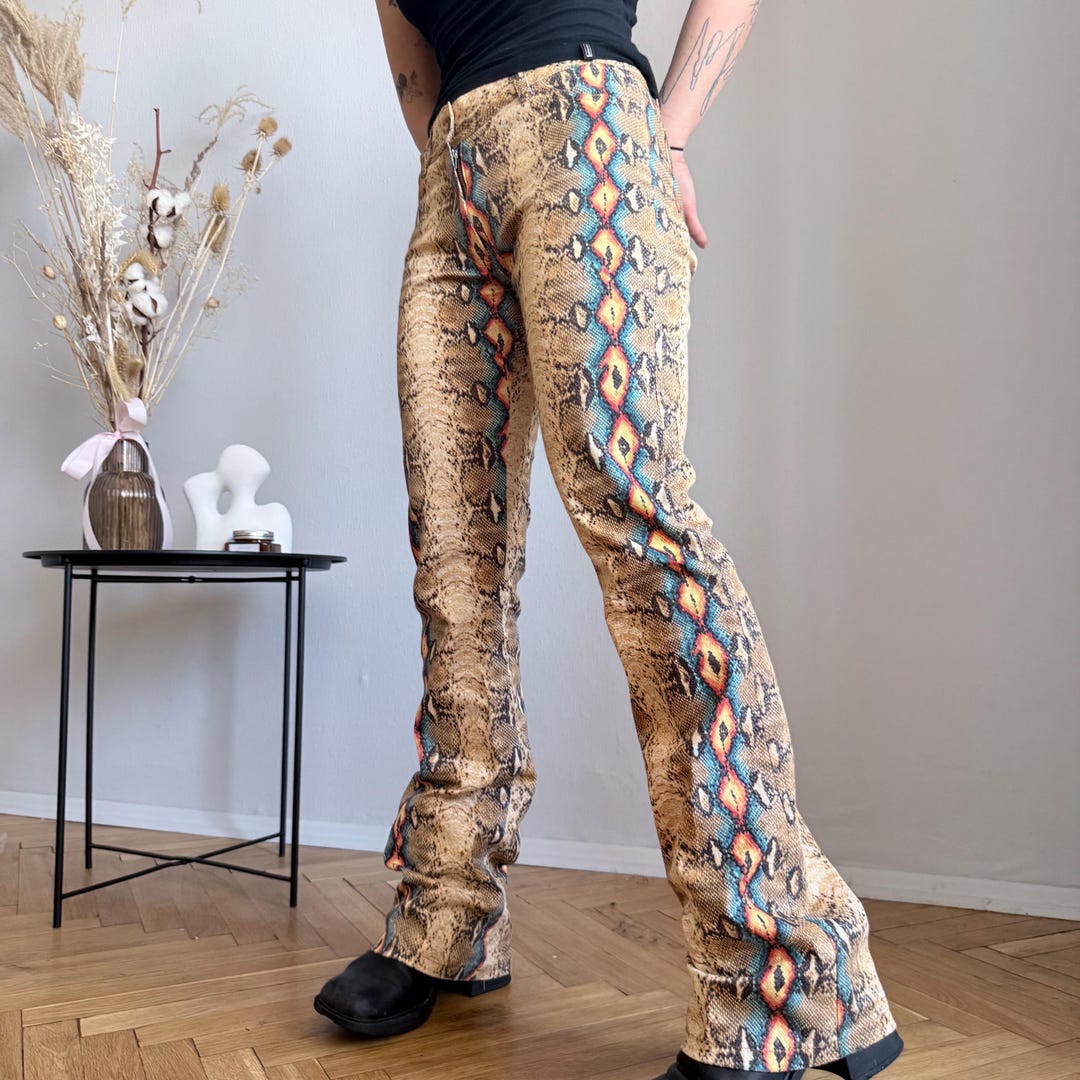 Vintage 90s Snake Print Flare Pants S Made in Italy – Y2K Western Boho ...