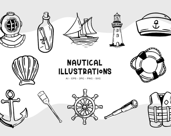 Set of 26 Nautical Sketches and Line Art Illustrations - Instant ...