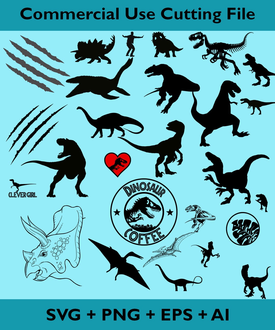 73 Dinosaur Silhouette Designs Bundle - T-rex, Triceratops, Stegosaurus ...