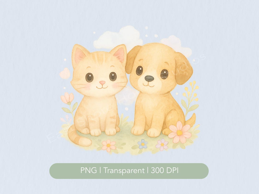 Cat and Dog Clipart Bundle PNG, Cute Watercolor Pet Friends, Nursery ...