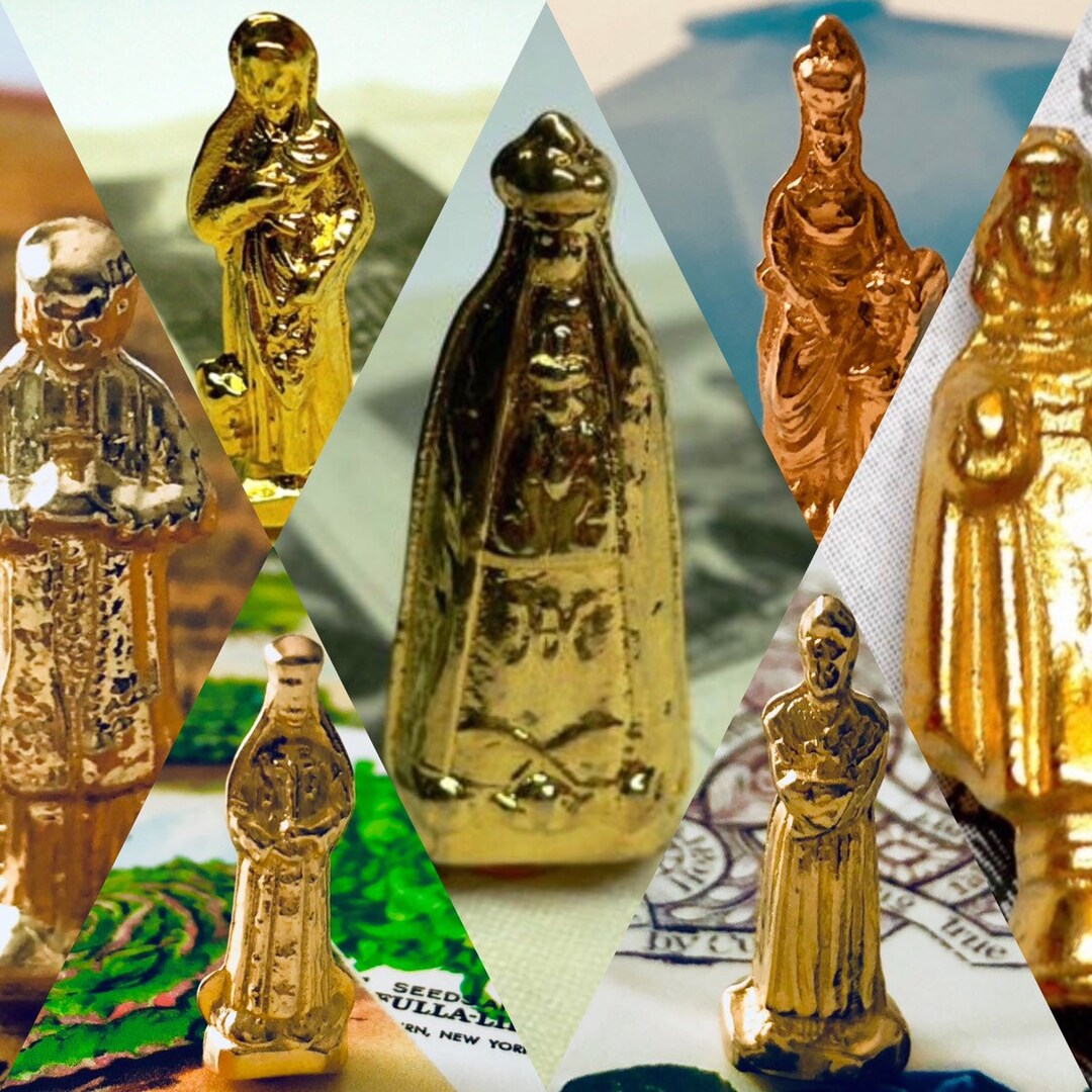 1pc SAINT POCKET STATUE Vintage Plated Metal Tiny Miniature Shrine ...