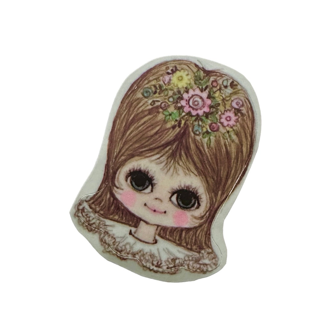 1pc BIG EYES STICKER 2.25" Vintage Label 70s Retro Girl With Flowers in ...