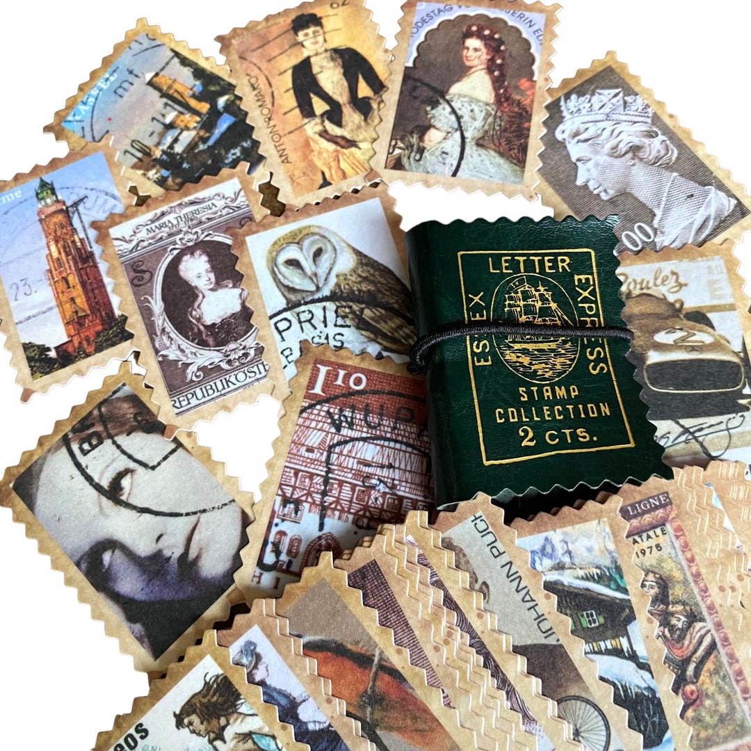 25pcs POSTAGE STAMP STICKERS 2" Vintage Style Assortment Faux Postage ...